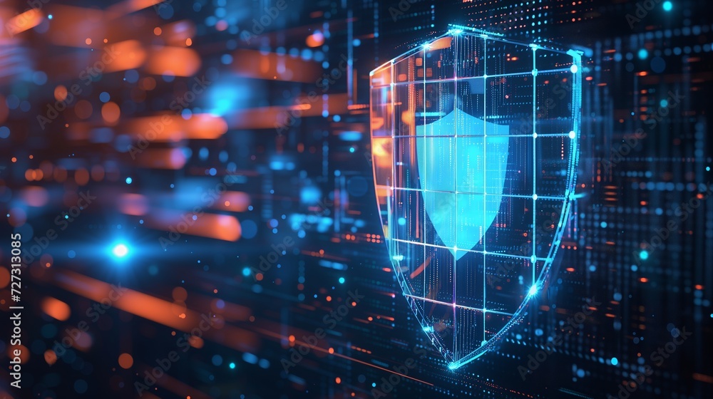 Cyber Shield A futuristic depiction of a shield composed of ...