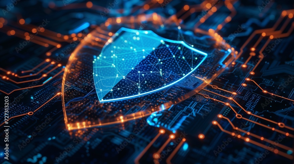 Cyber Shield A futuristic depiction of a shield composed of ...