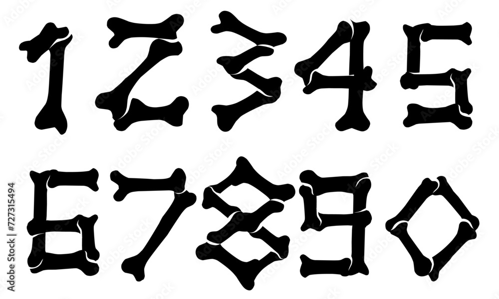 Skeleton numbers set 0 to 9 Vector Illustrations. Bone Font isolated ...