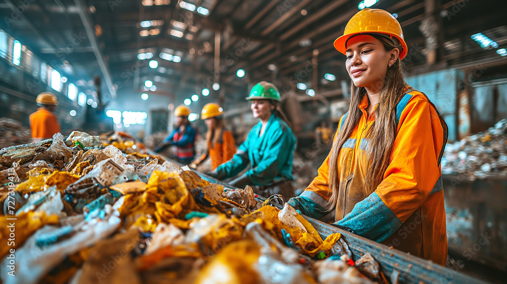 workers at a recycling facility sorting through a conveyor belt filled ...