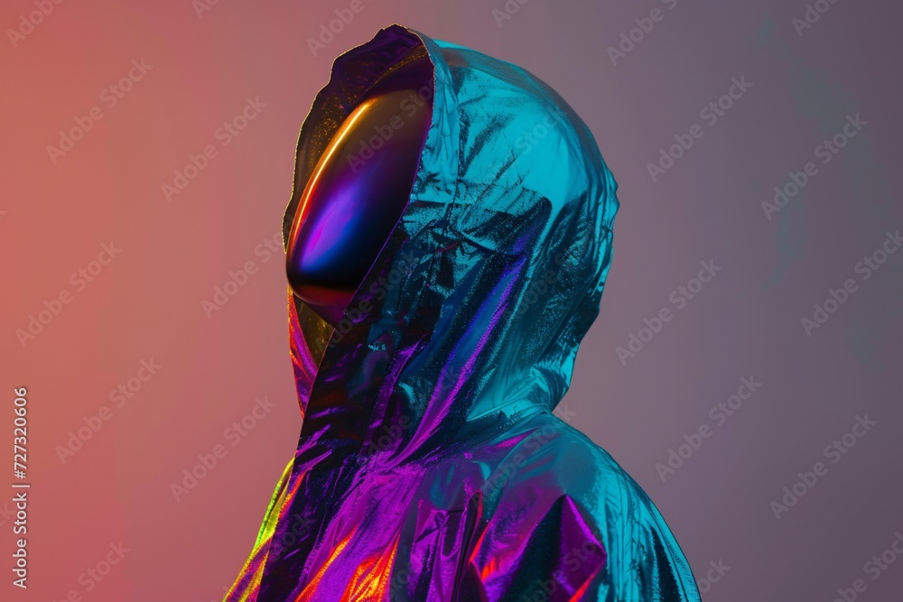 Person with iridescent hood and mask. Synthwave, retrowave, vaporwave ...