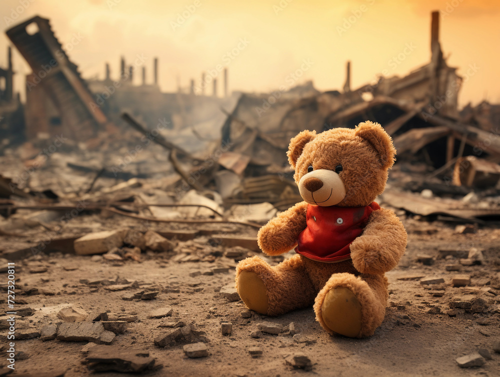 kids teddy bear toy over city burned destruction of an aftermath war ...