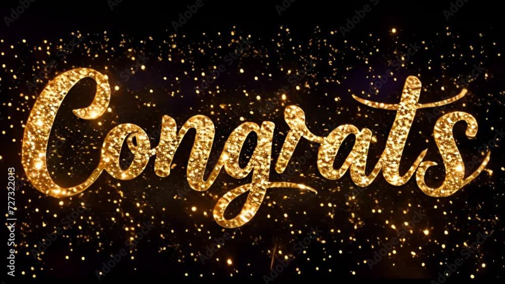Congrats. Animation in golden color with particles on the black screen ...