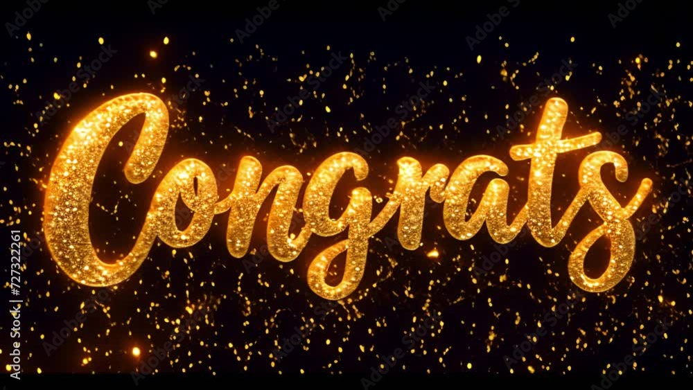 Congrats. Animation in golden color with particles on the black screen ...
