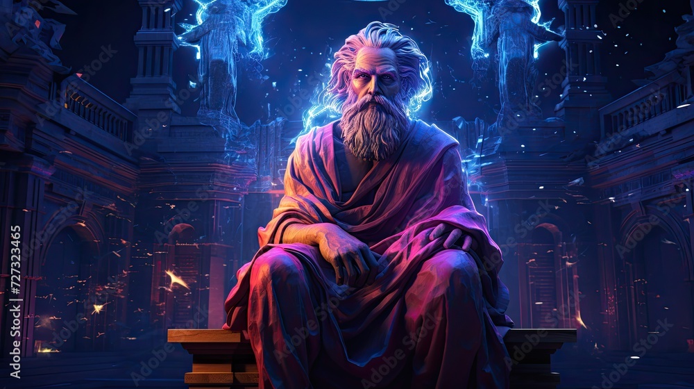 Sculptures depicting Greek philosophical figures illuminated by neon ...