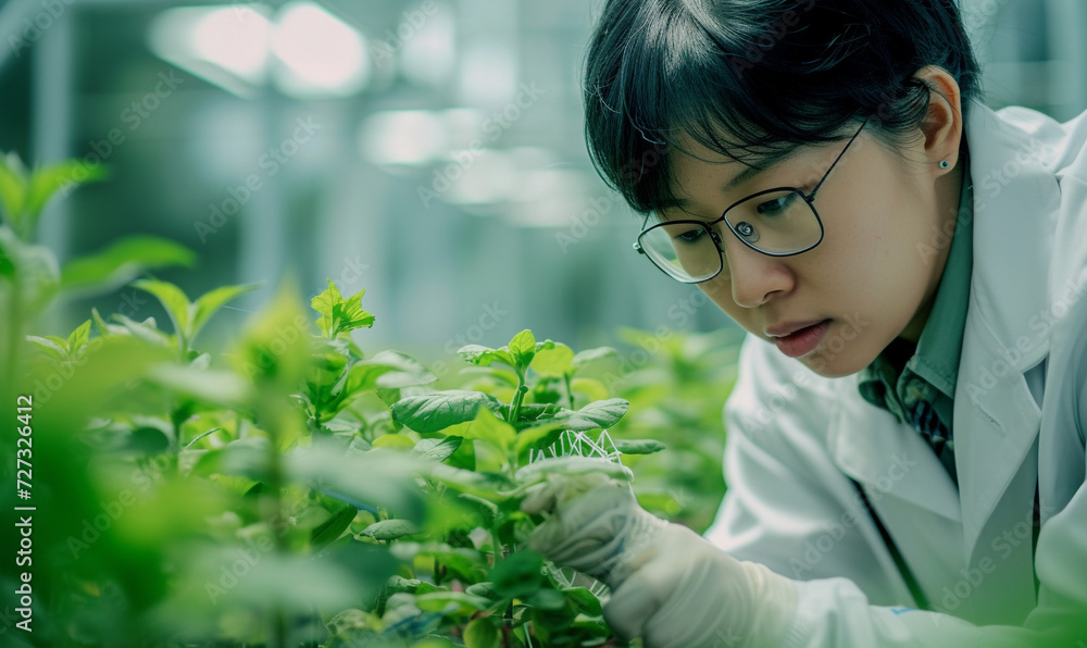 nutritionist checking the sample in the greenhouse. scientist wearing ...