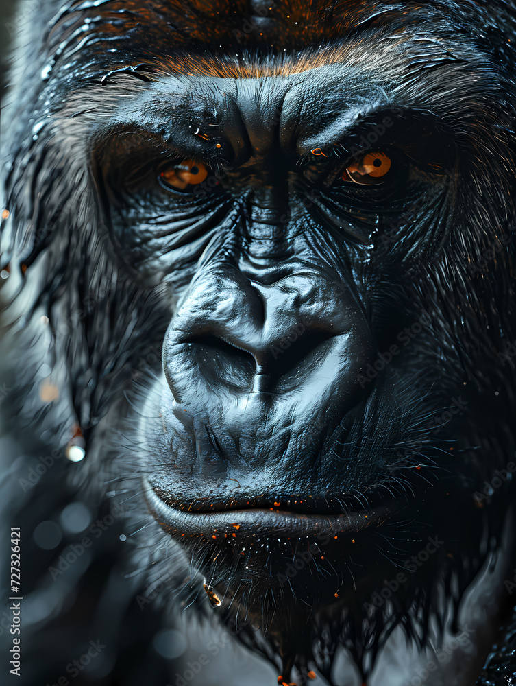 Close up portrait of an angry gorilla coming out of the darkness. High ...