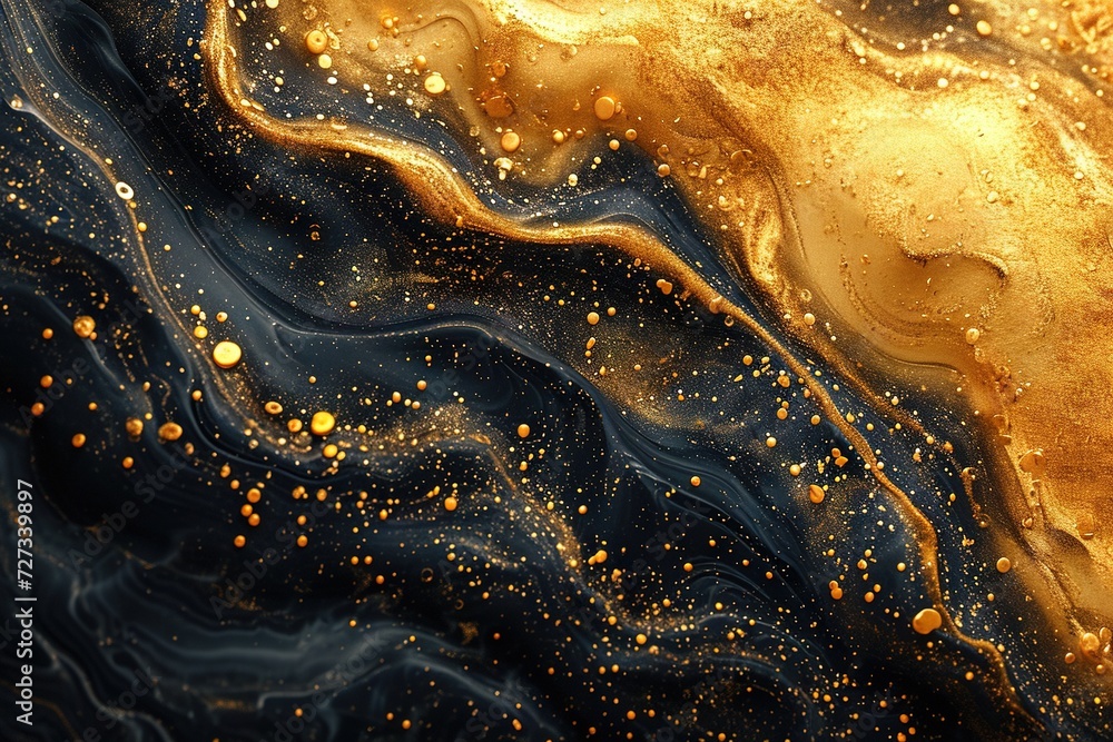 Abstract luxury fusion with black and gold liquid, gold splatters. Nature's abstract beauty ...