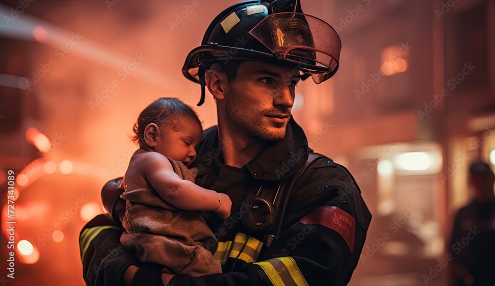 A heroic fireman bravely holding a baby while rushing out of a burning ...