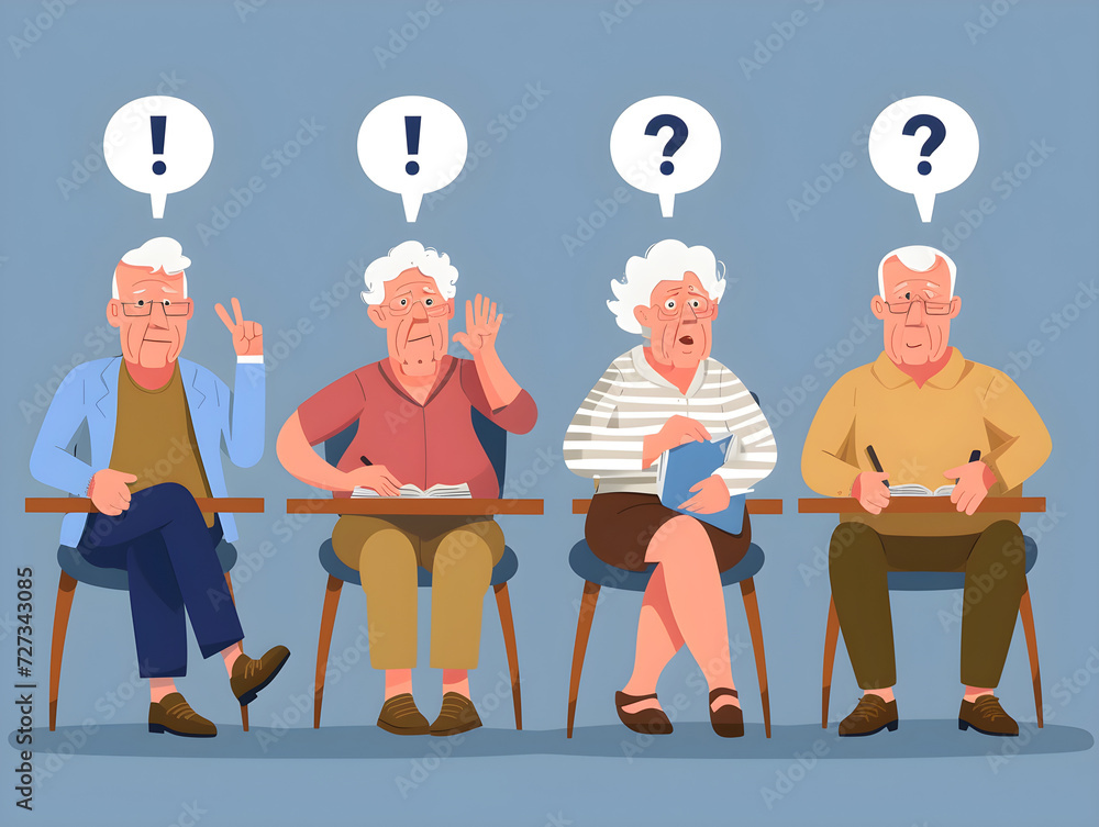 Senior Friends Brainstorming Concept - Four Confused Elderly Cartoon ...