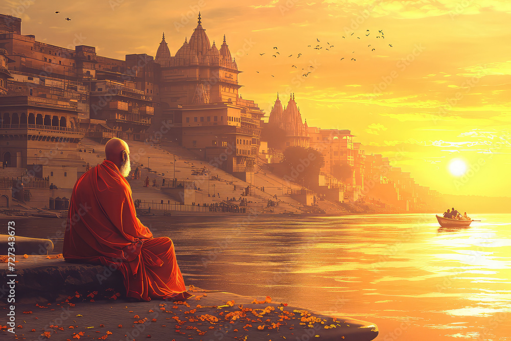 oil painting on canvas, Ancient Varanasi city architecture at sunset ...
