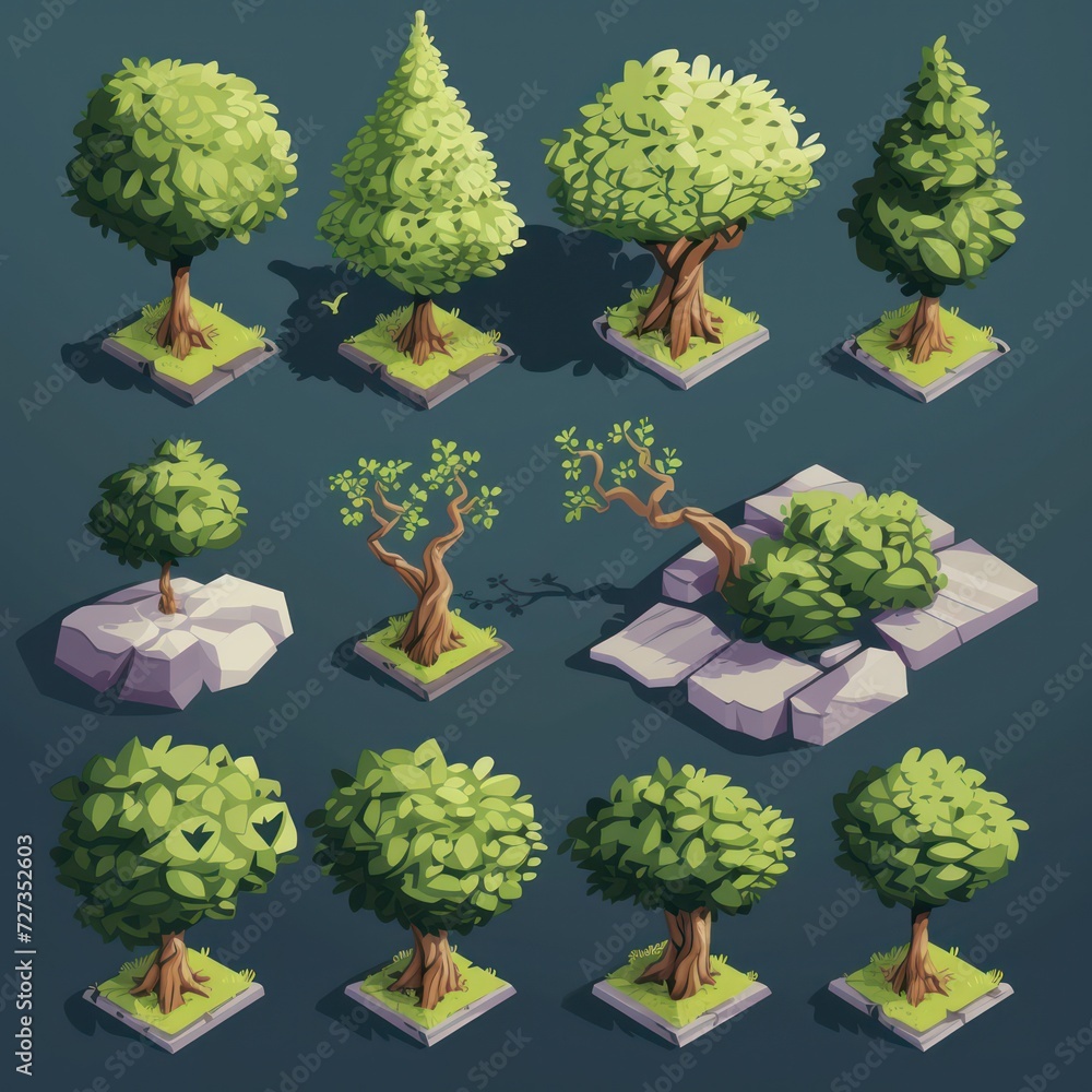 Mobile game environment asset: a set of low-poly trees in isometric ...