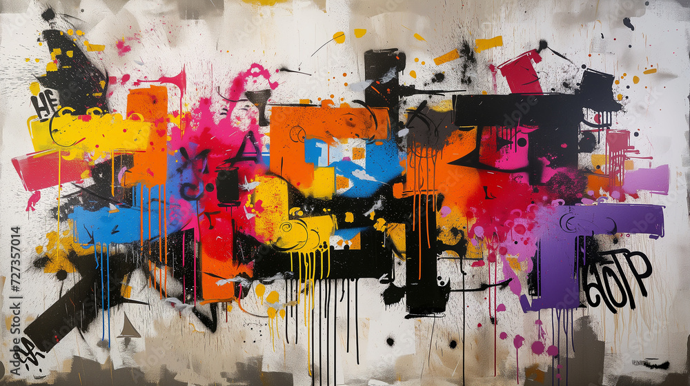 Colorful abstract graffiti art with a mix of spray paint drips ...