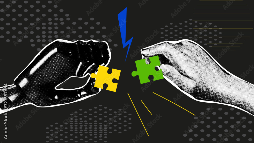 Collage with a robot, a human hand and a puzzle. Halftone effect. Help ...
