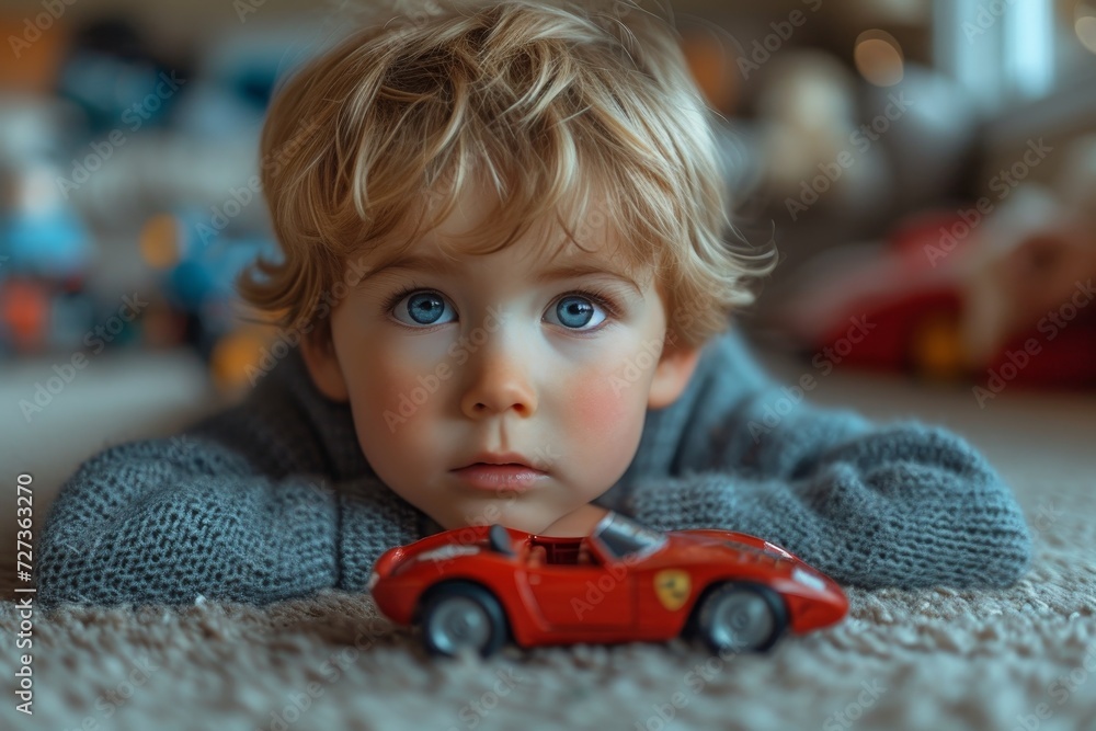 A young boy lies on the floor, captivated by his red toy car, his ...