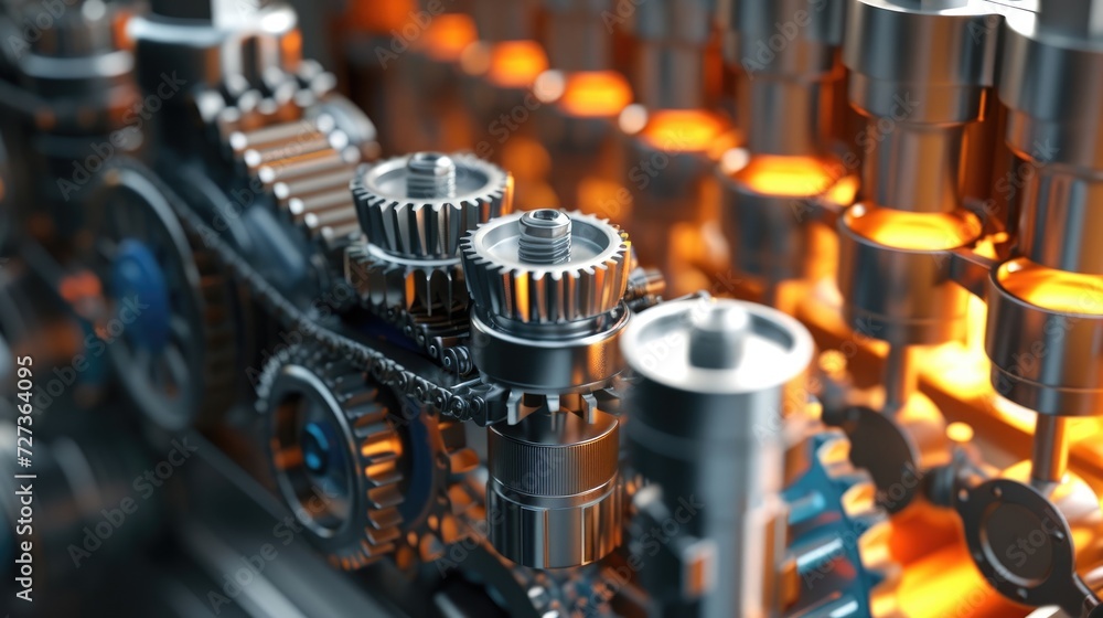 3D rendered image of engine pistons and gears with depth of field ...