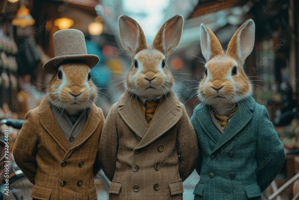 A charming trio of domestic rabbits donning cozy coats and stylish hats ...