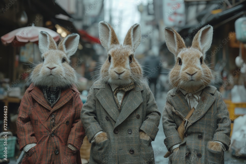 Amidst the chilly winter street, a group of personified bunnies don ...