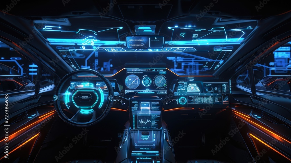 fully autonomous car dashboard with wide holographic HUD screens and ...