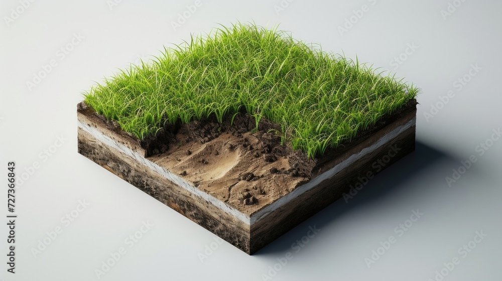 Cross section of ground with grass depicted using isometric technique ...