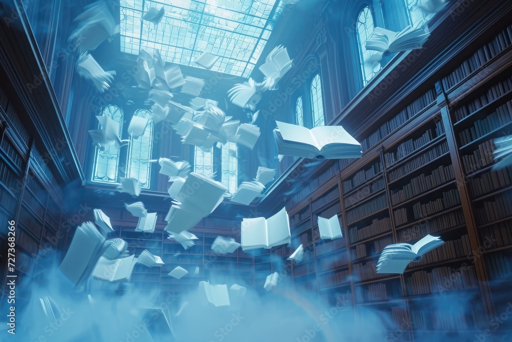 Numerous books are seen flying and floating through the air in a room ...