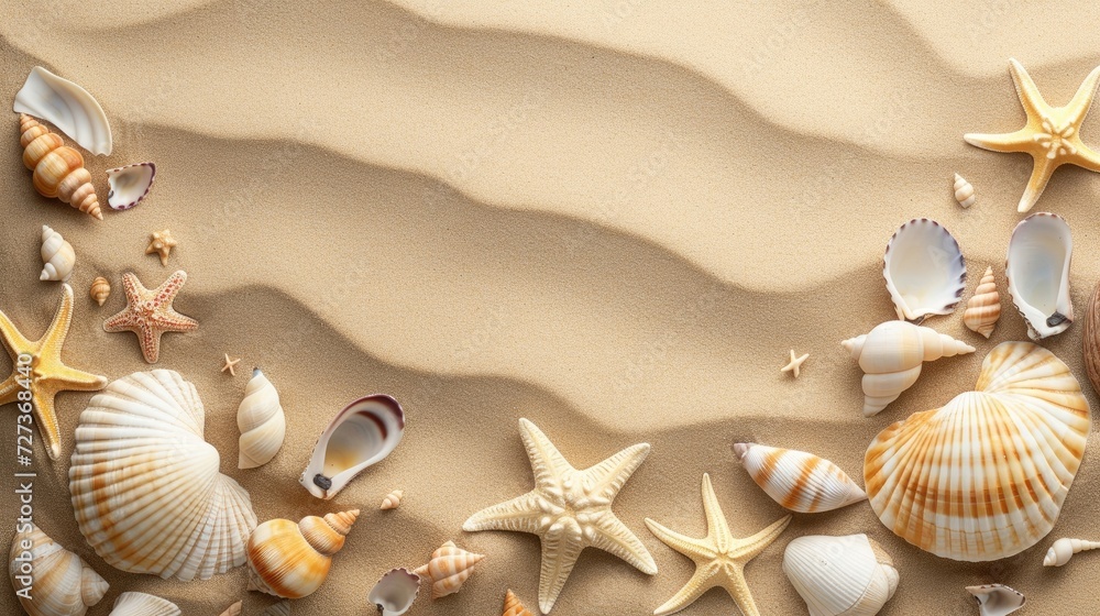 Top-down beach scene with sand, shells, and starfish in a flat icon ...