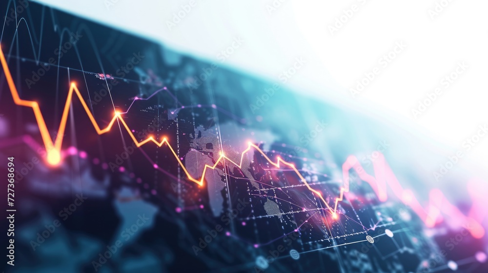 Black and white background hosts a widescreen abstract financial chart ...