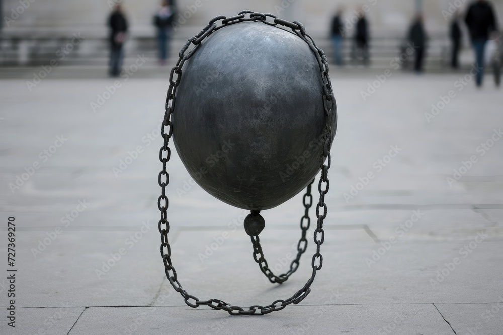A photo of a large metal ball with a chain wrapped around it, creating ...