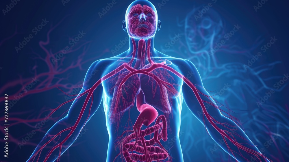Detailed render of human circulatory system highlighting heart and ...