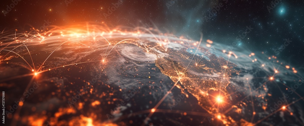 World map with computer diagram at night technology background ...