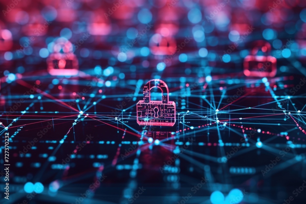Security breaches and digital lock on purple and blue background ...