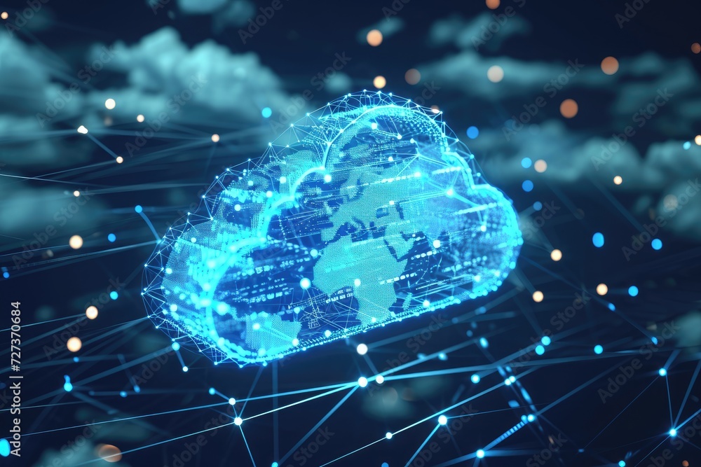 A blue cloud featuring a map of the world, with continents and ...