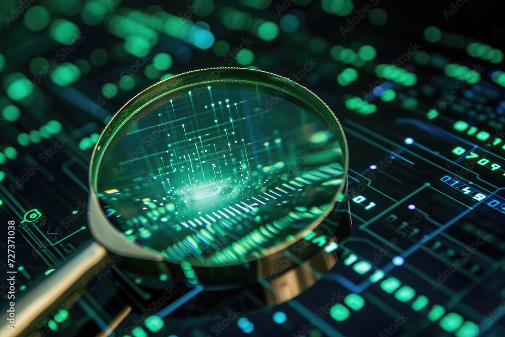 A magnifying glass is placed on top of a green circuit board ...