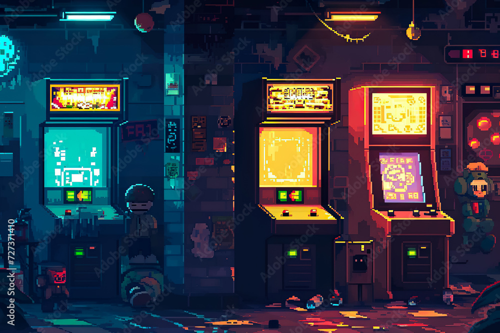 retro arcade-themed wallpaper with pixelated characters and glowing ...