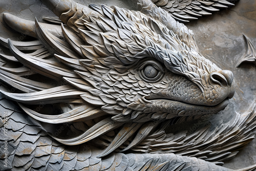 Design a relief sculpture depicting a mythological creature, with ...