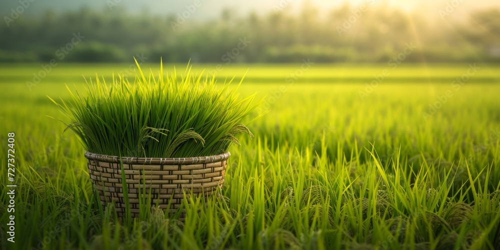 Basket Filled With Rice Sits Atop Lush Green Rice Field. Сoncept ...