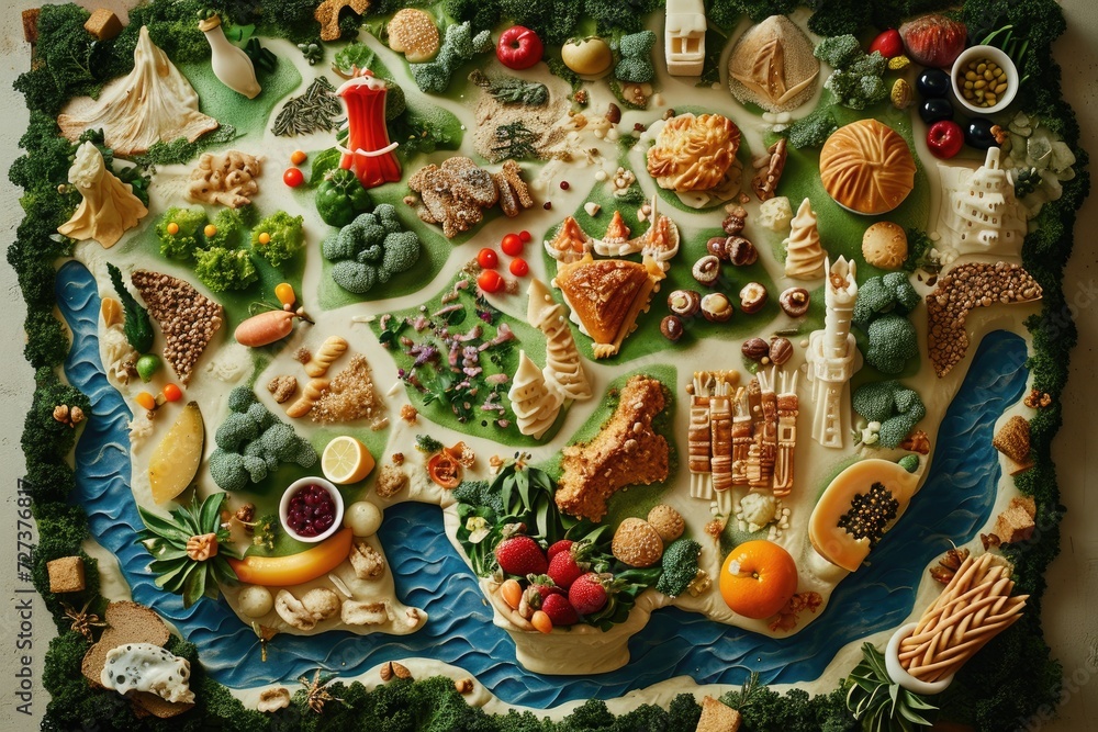 A cake shaped and decorated like a detailed map of the world, featuring ...