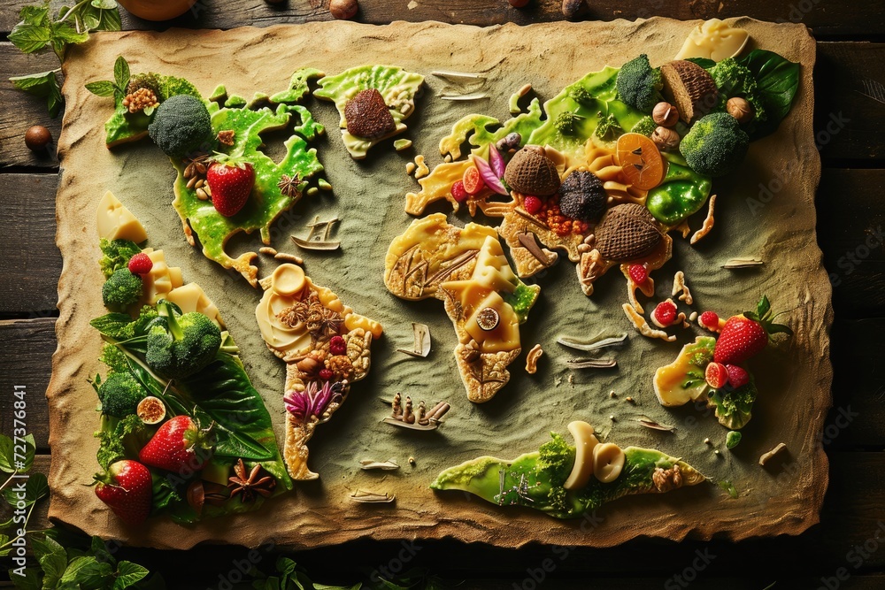A Map of the World Made Out of Food, A fantasy map made out of various ...