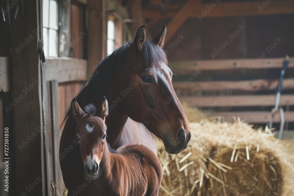 A photo capturing a baby horse confidently standing next to an adult ...