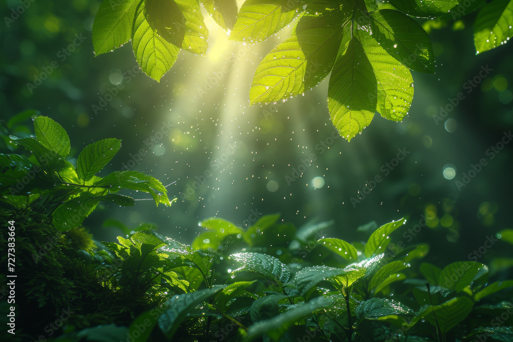 Sunlight streaming through the leaves of a dense forest, highlighting ...