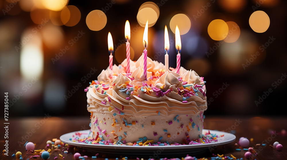Colored birthday cake with different colored candles. Colored lights ...