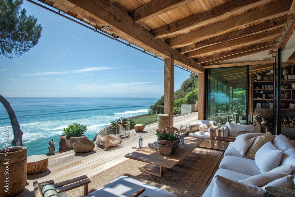 This photo showcases a spacious living room that offers a stunning view ...