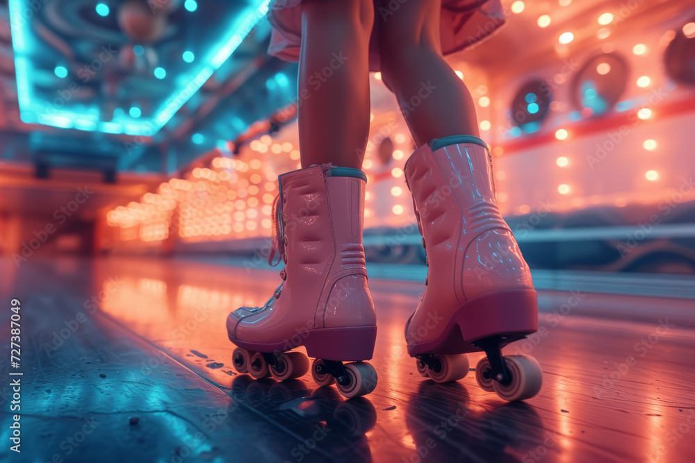 A couple roller skating in a retro-themed rink, capturing the carefree ...