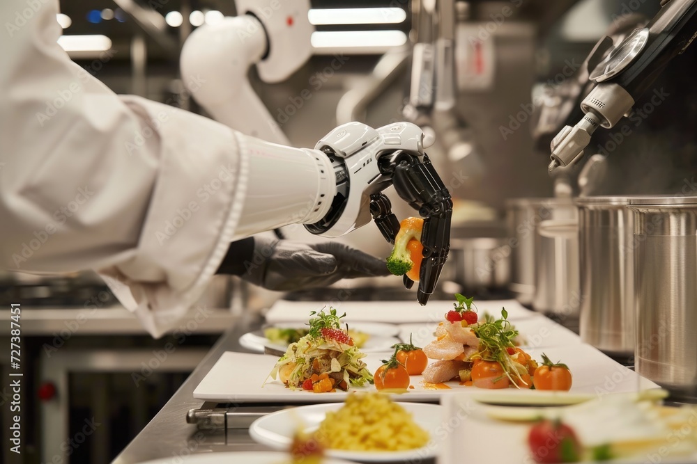 In this photo, a robot can be seen extending its mechanical arm towards ...