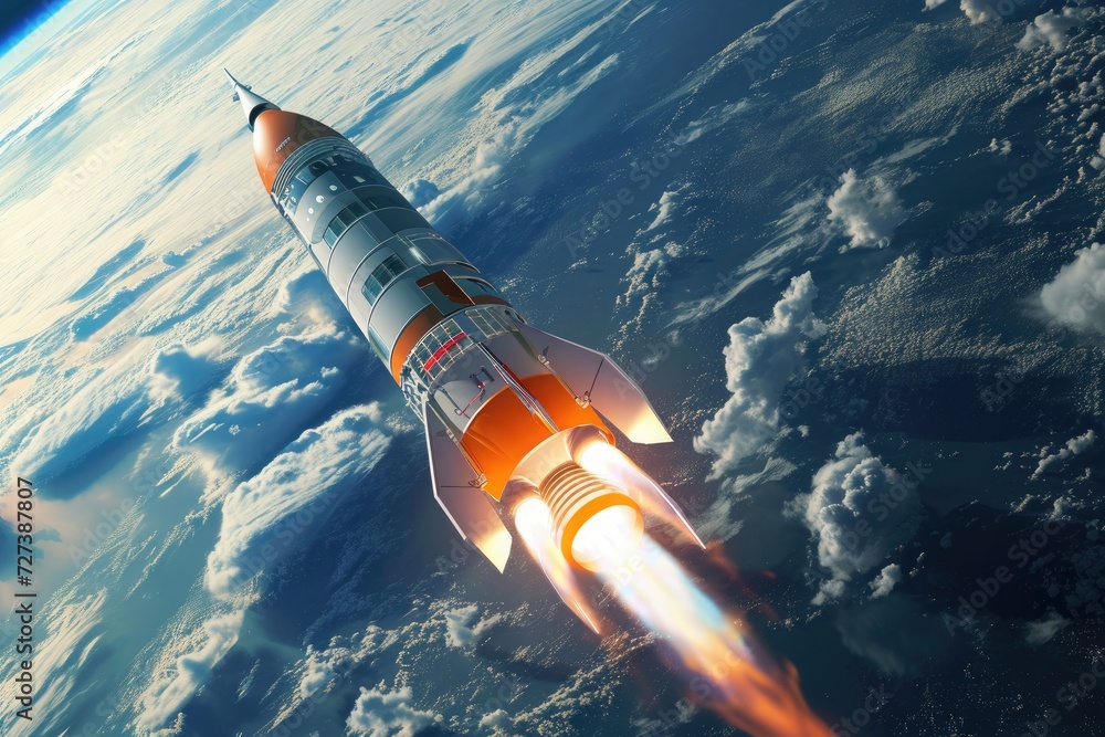 A rocket is soaring through the atmosphere above the Earth, exhibiting ...