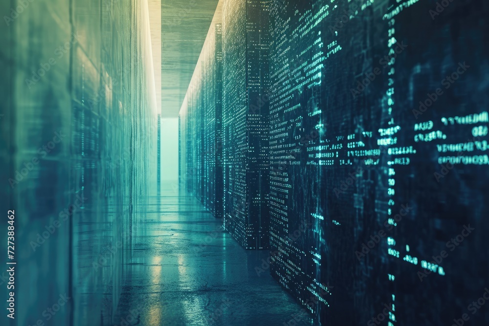 The photo captures a long hallway, lined with rows of data, showcasing ...
