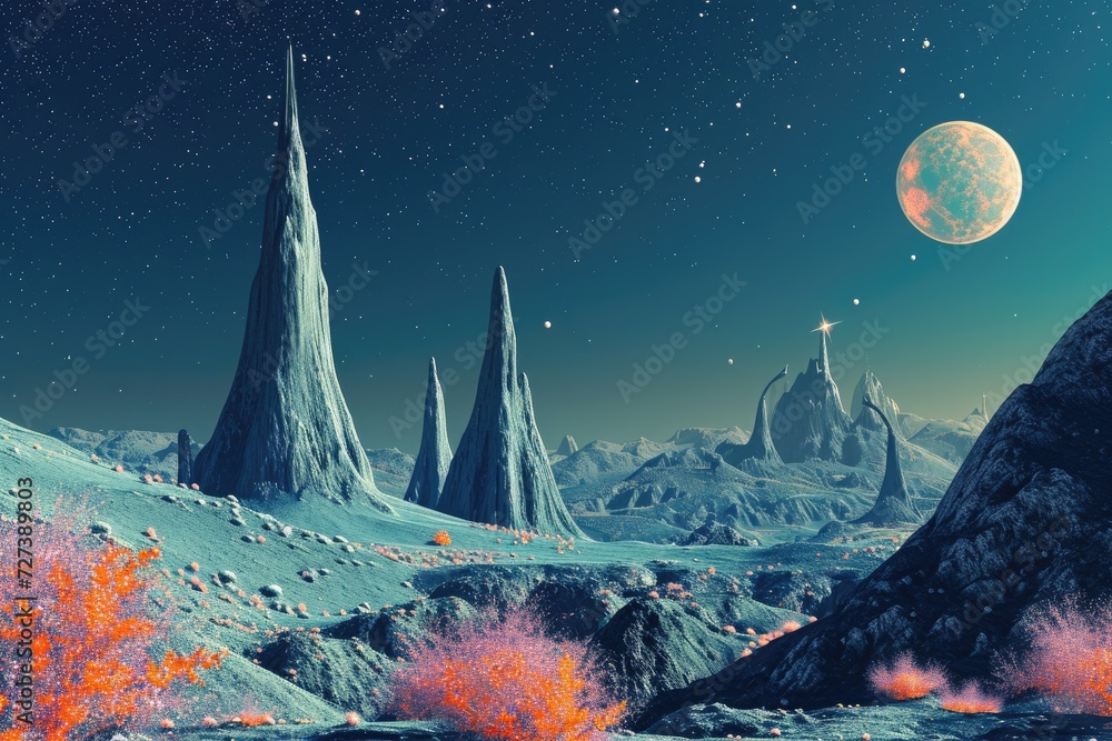 Alien Landscape With Mountains and Full Moon, A surreal landscape of ...