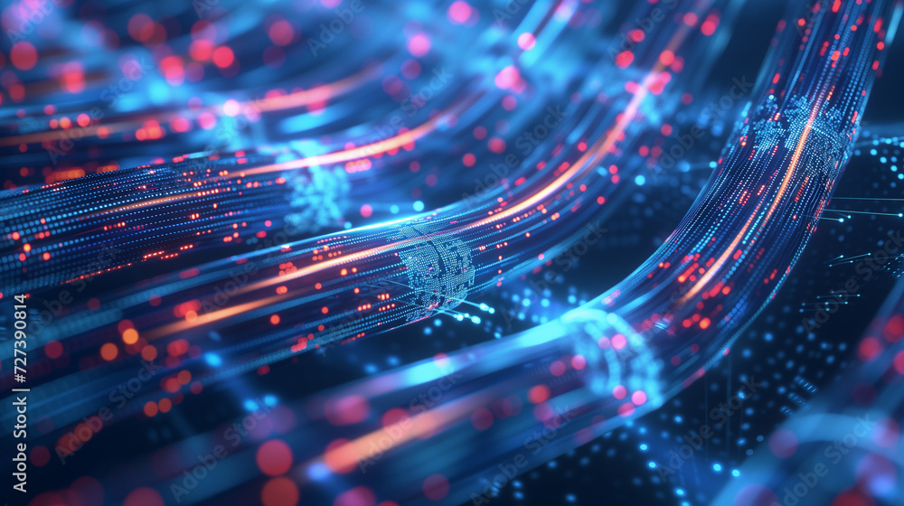 close-up of glowing blue and red fiber-optic cables with light points ...