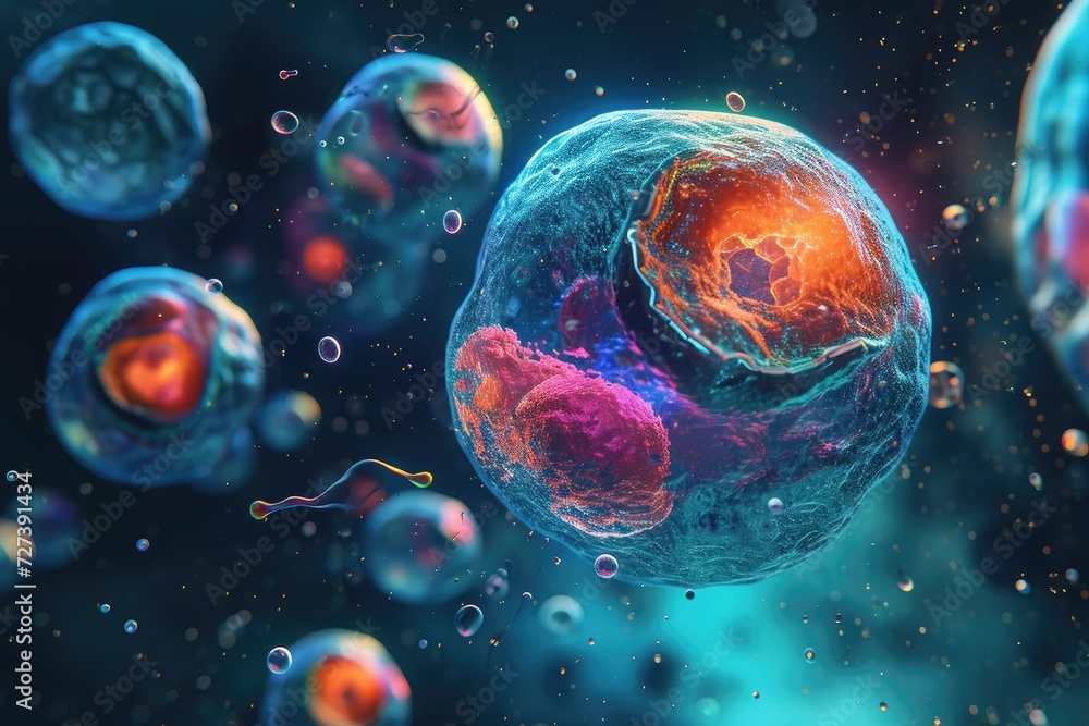 A group of blue and red spheres suspended in mid-air, creating a ...