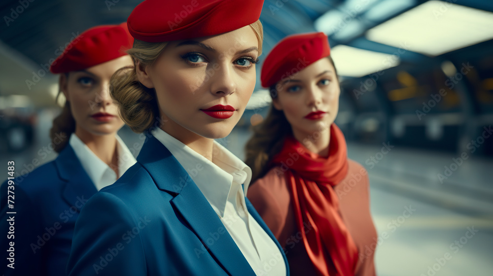 Photograph from the 70s of beautiful flight attendants in uniforms ...